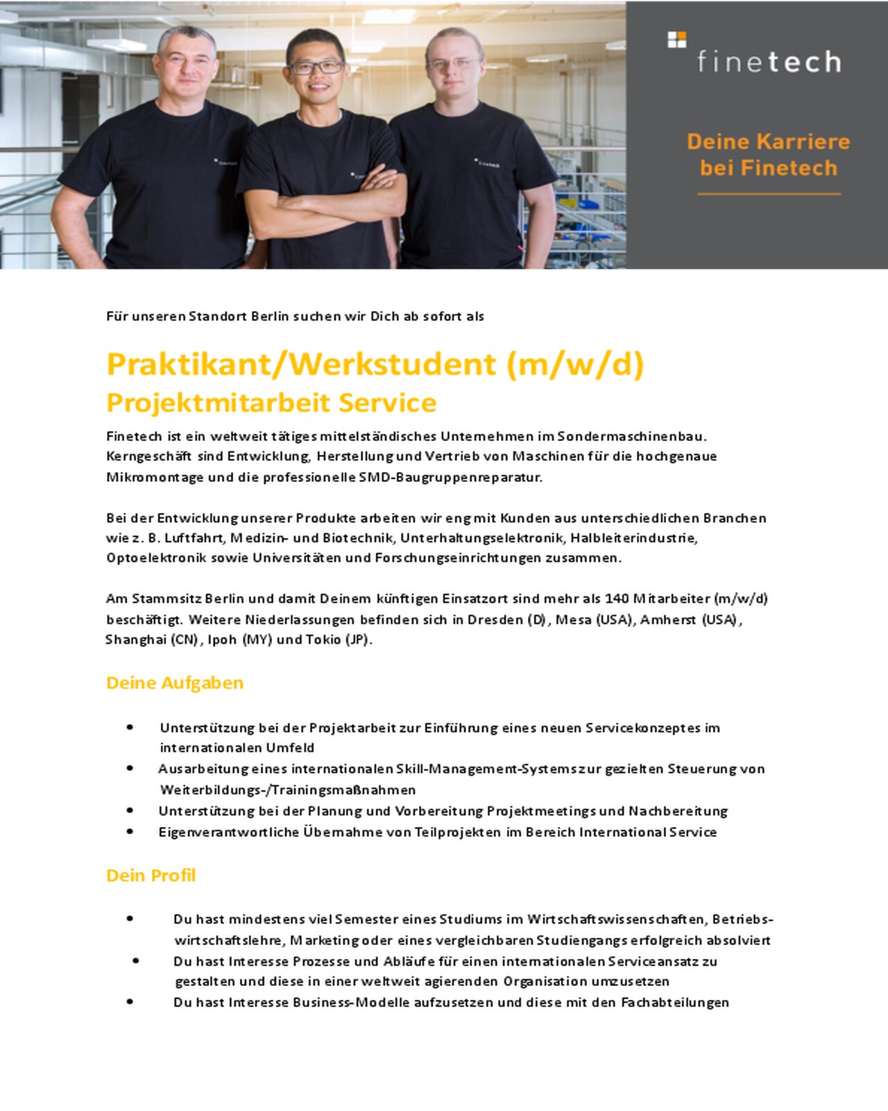 Praktikant / Werkstudent (m/w/d) Projektmitarbeit Service – Finetech