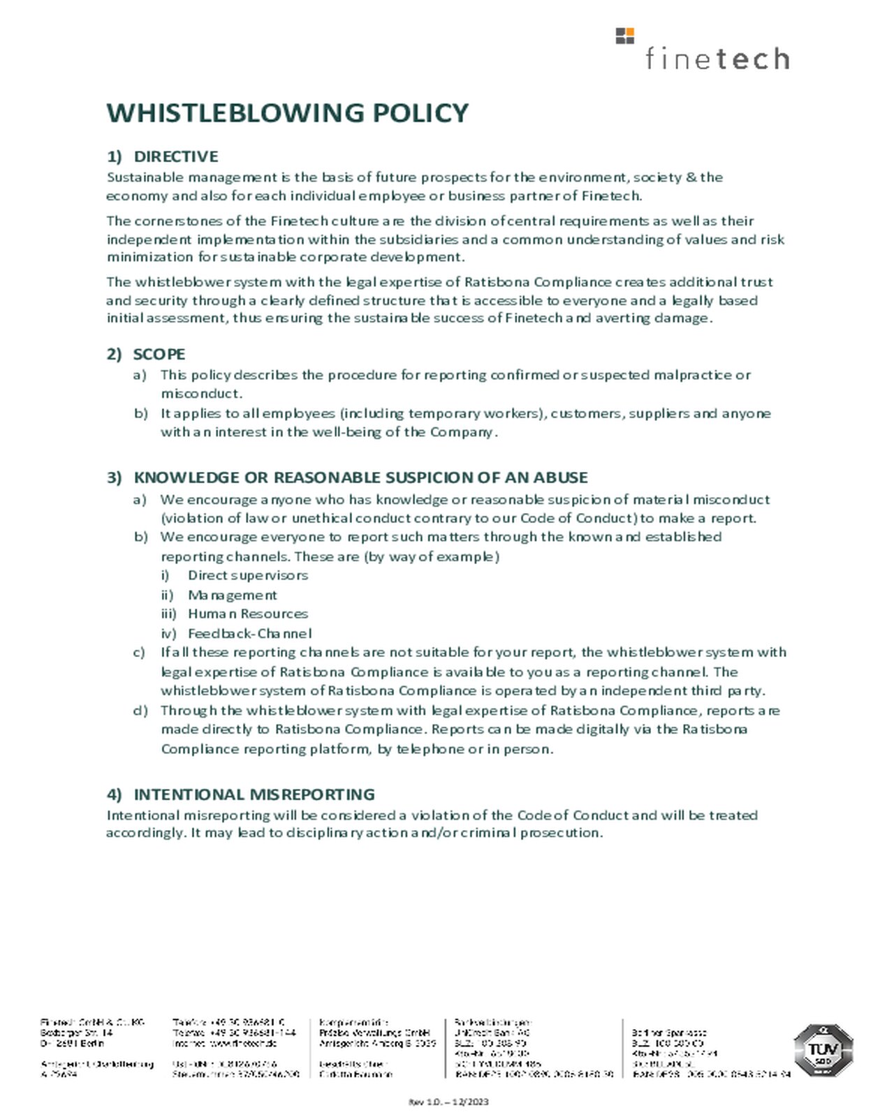 Whistleblower Policy Finetech – Finetech